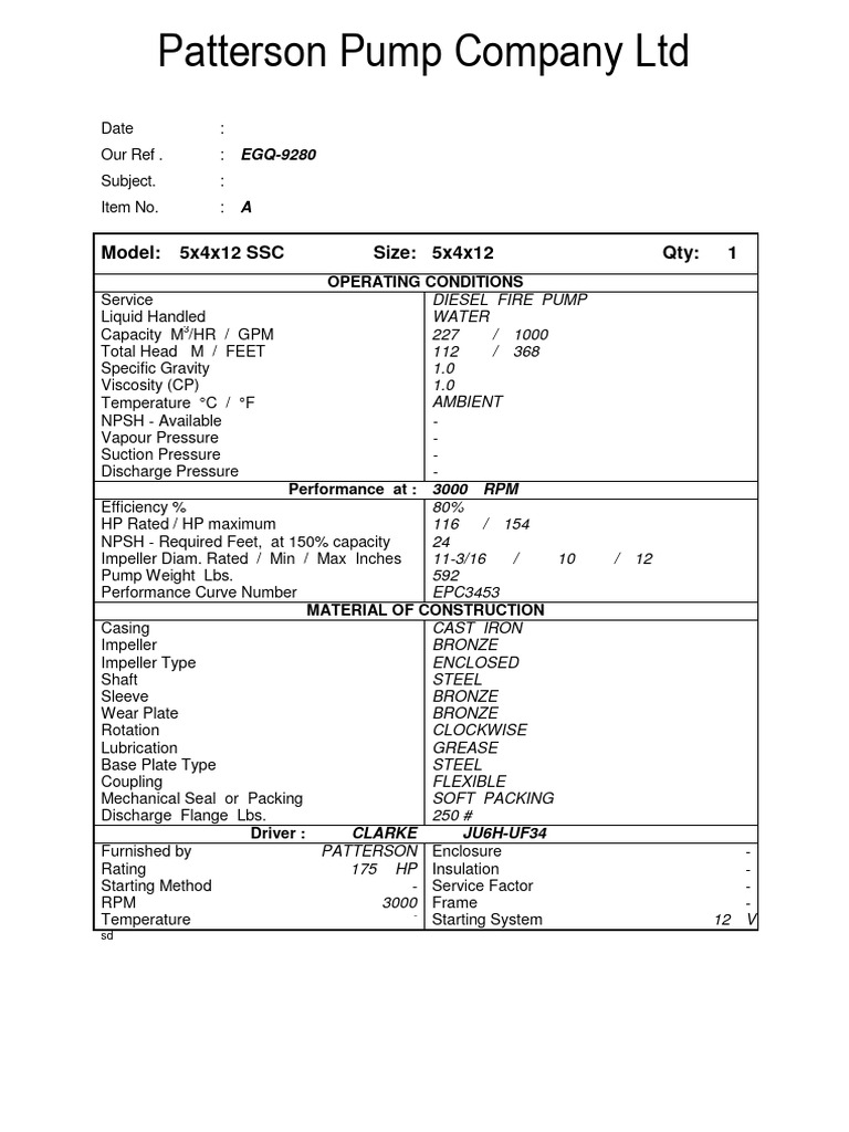 Patterson 5x4x12 Fire Pump Specs | PDF | Pump | Horsepower
