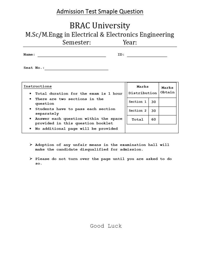Admission Test Sample Question - MSEEE | PDF | Electrical Engineering ...