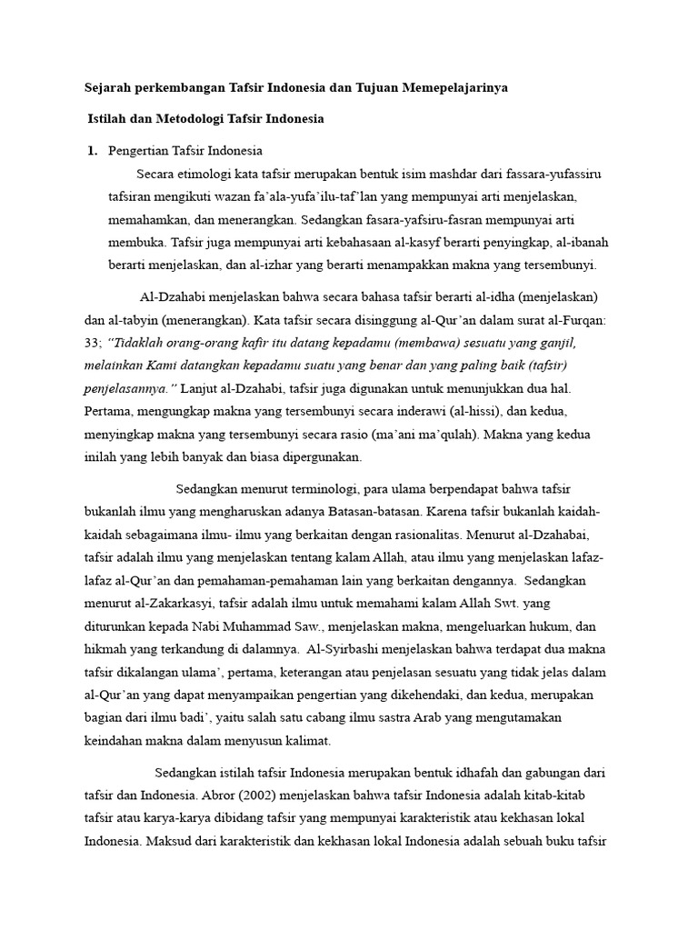 Sejarah Perkembangan Tafsir Indonesia Dan Tujuan Memepelajarinya | PDF | Filsafat | Agama ...