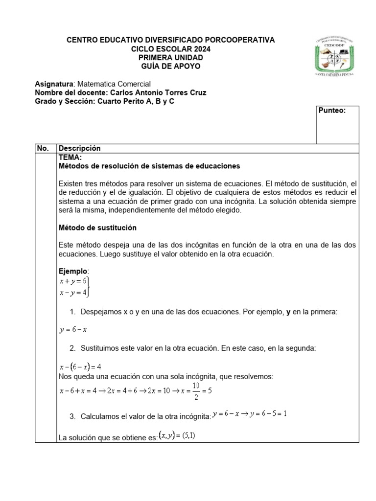 Guia Apoyo 4pcc | PDF | Sistema de ecuaciones lineales | Ecuaciones