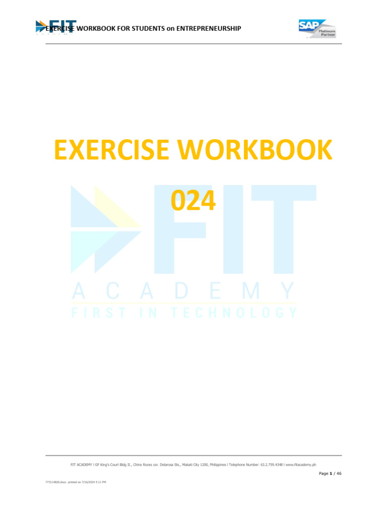Entrepreneurship - Exercise Workbook For Students - 024 | PDF | Cloud Computing | Balance Sheet