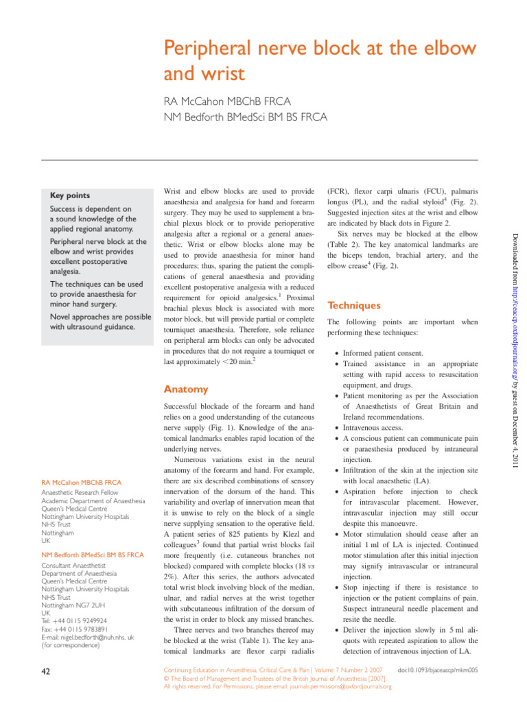 Peripheral Nerve Block at The Elbow and Wrist CEACCP 2007 | PDF | Elbow ...