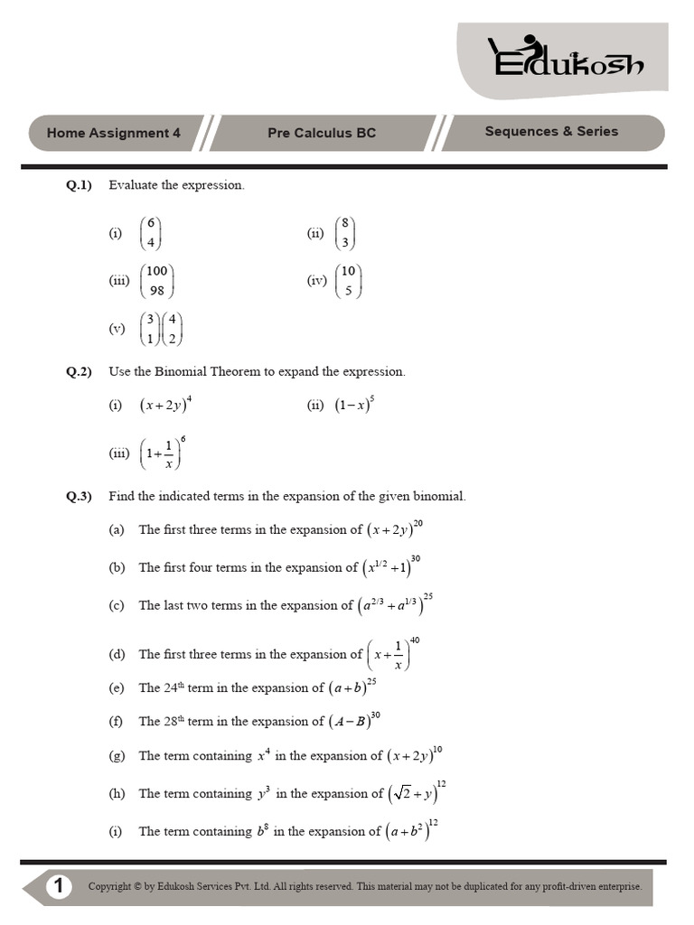 Pre Calculus BC - Sequences & Series - Homework Assignment Sheet - 4 | PDF | Mathematics ...