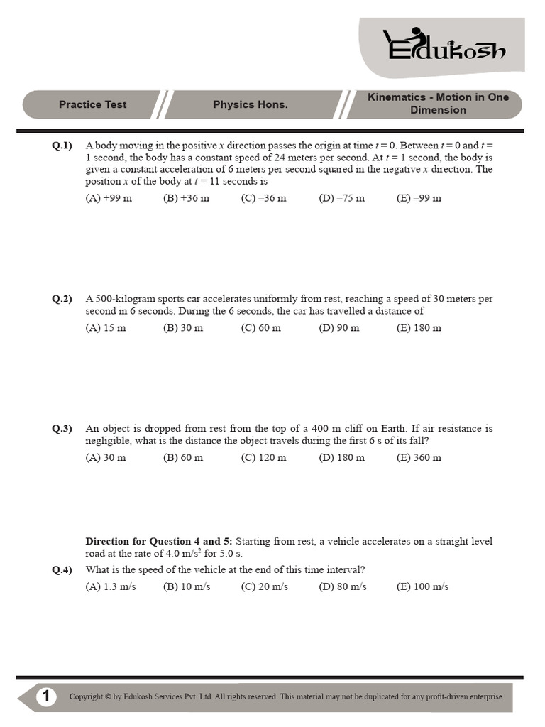 Physics Hons. - Kinematics - Motion in One Dimension - Practice Test ...
