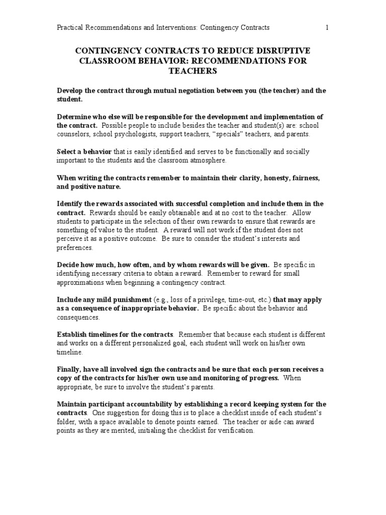 Contingency Contracts | PDF | School Psychology | Teachers