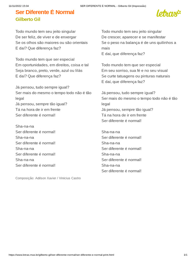 Ser Diferente É Normal - Gilberto Gil (Impressão) | PDF