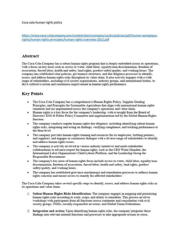 Coca Cola Human Rights Policy | PDF | Supply Chain | Audit