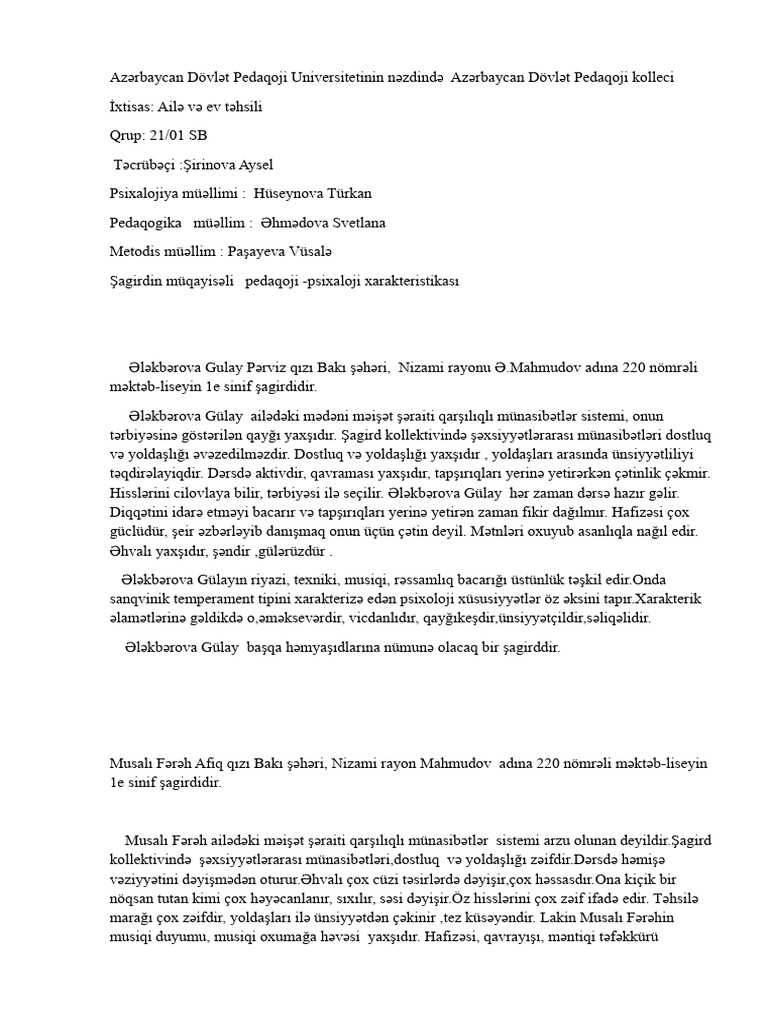 Ş Aysel Xarakteristika | PDF