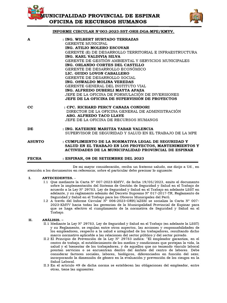 Informe Circular #03-2023 SST-RRHH | PDF | Derecho laboral | Seguridad y salud ocupacional