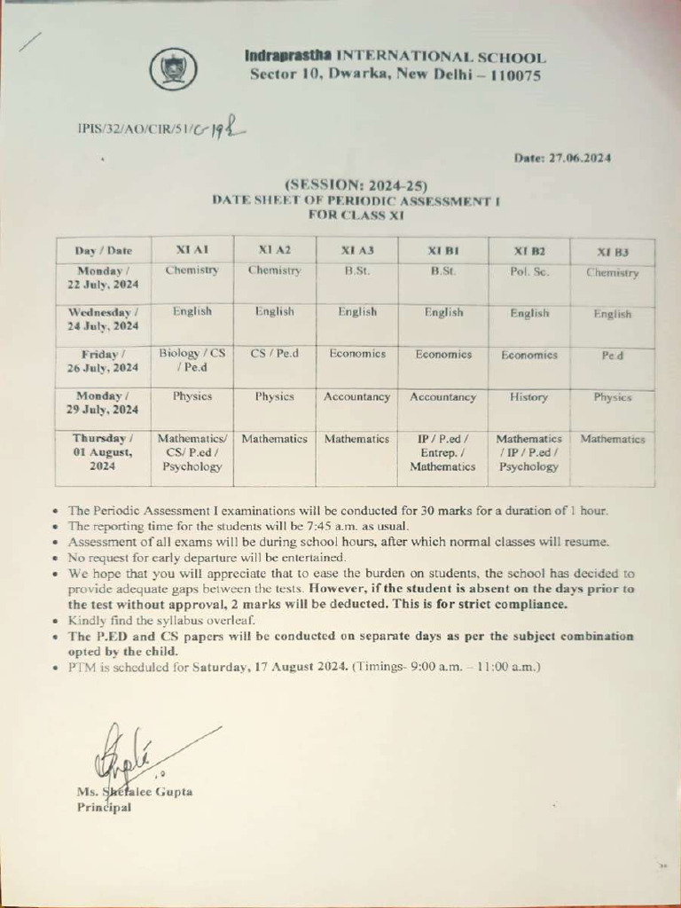 Pa 1 Class Xi Date Sheet | PDF | Science | Economics