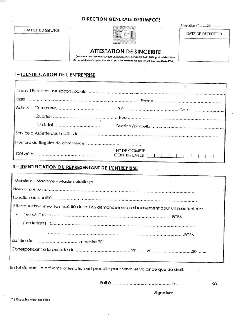 Attestation de Sincerite Dgi (À Remplir) | PDF