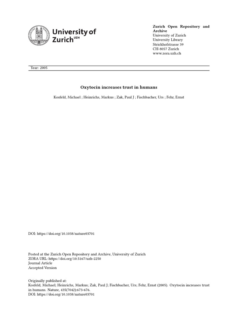 2005 KosfeldM Nature Oxytocin-Incr | PDF | Experiment | Risk