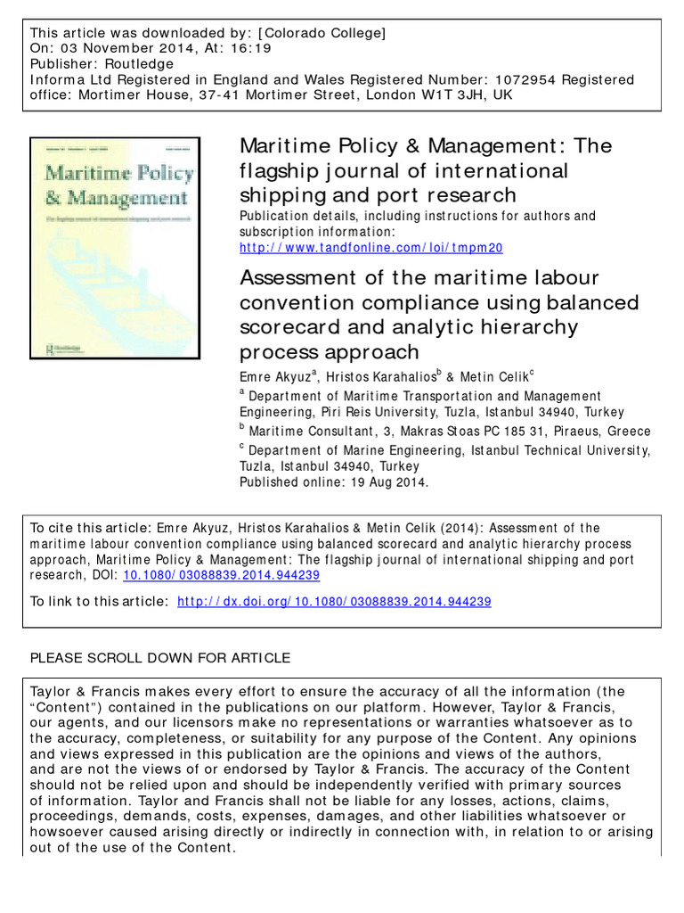 Assessment of The Maritime Labour Convention Compliance Using Balanced ...