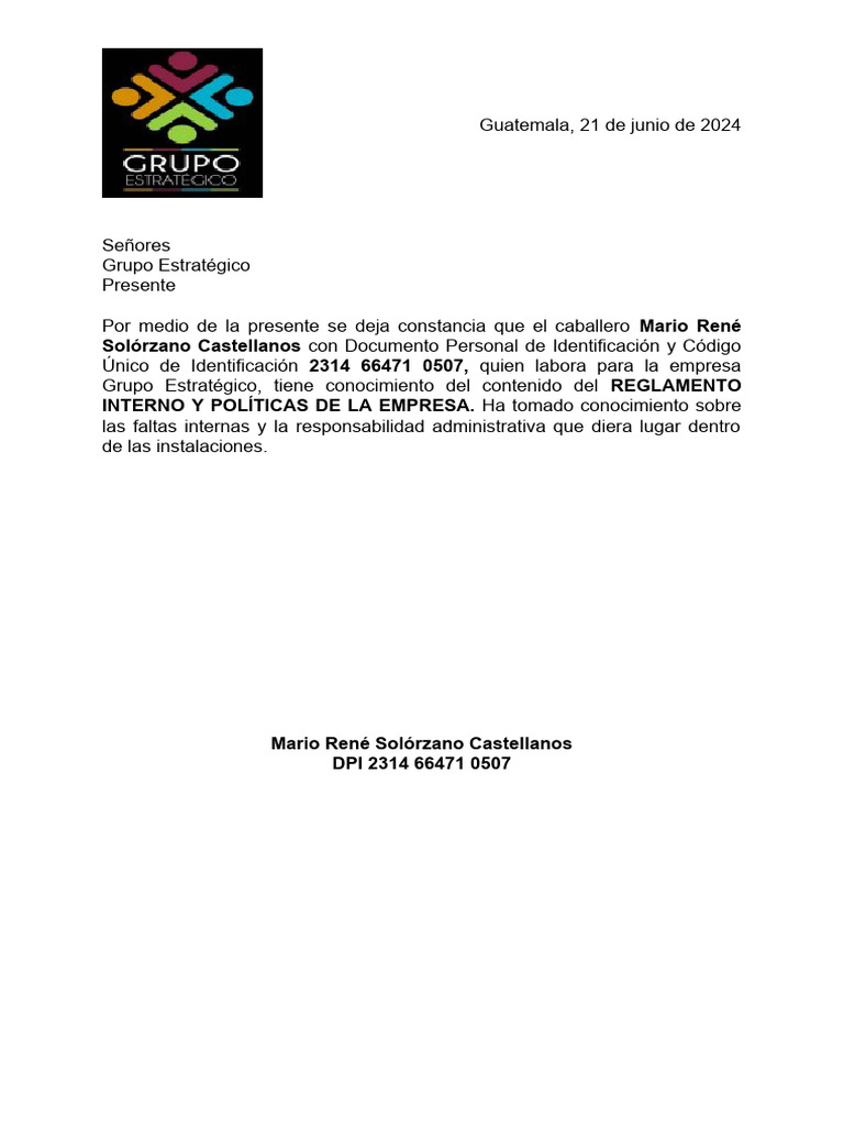 Carta de Enterado de Reglamento Interno | PDF