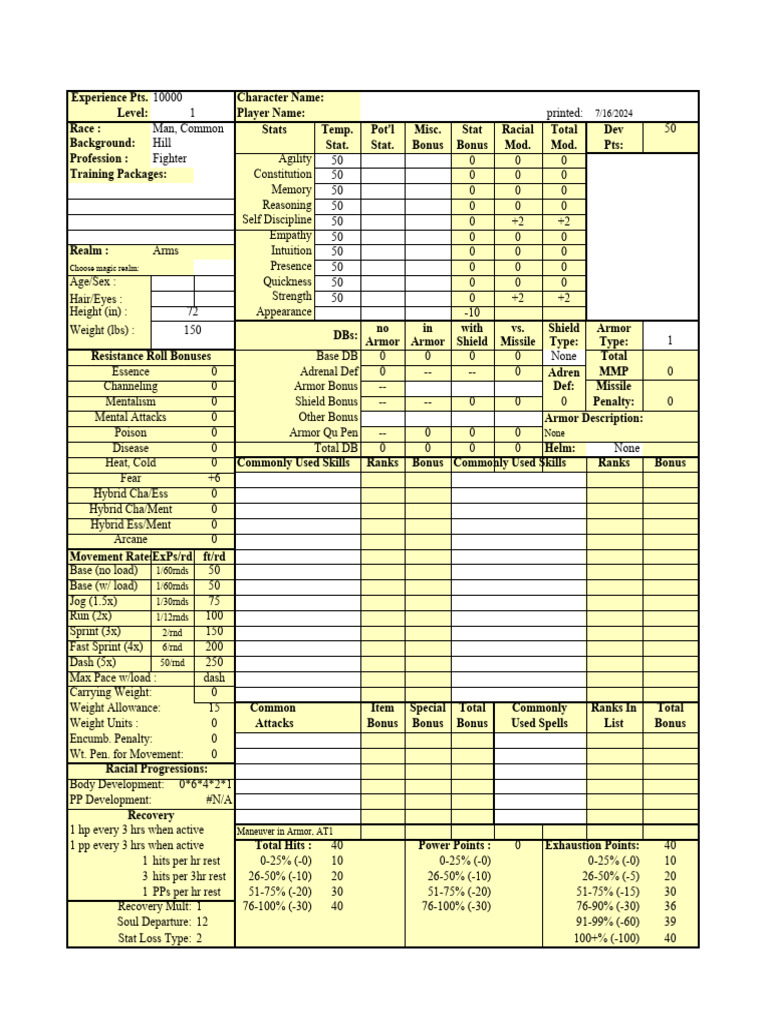 Rolemaster - Character Generation Sheet | PDF | Senses