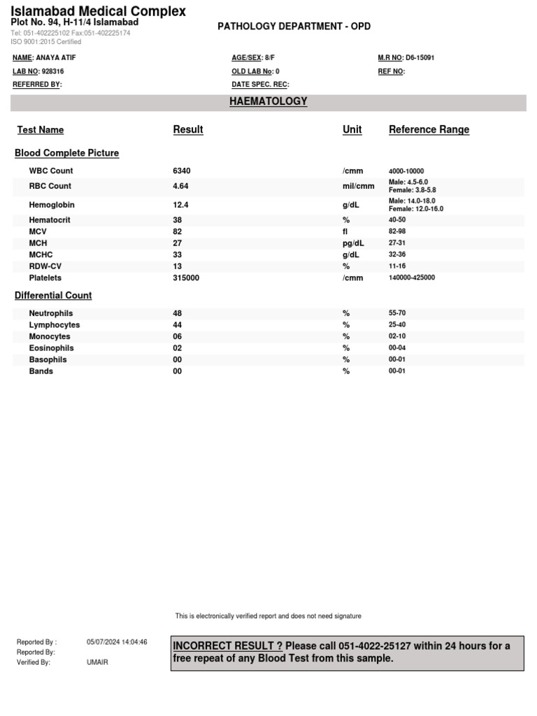 Haematology Result Unit Reference Range: Plot No. 94, H-11/4 Islamabad ...