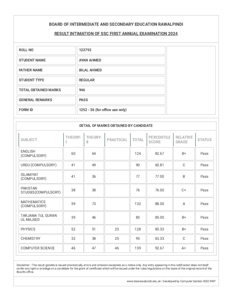 Result - Board of Intermediate and Secondary Education Rawalpindi | PDF ...