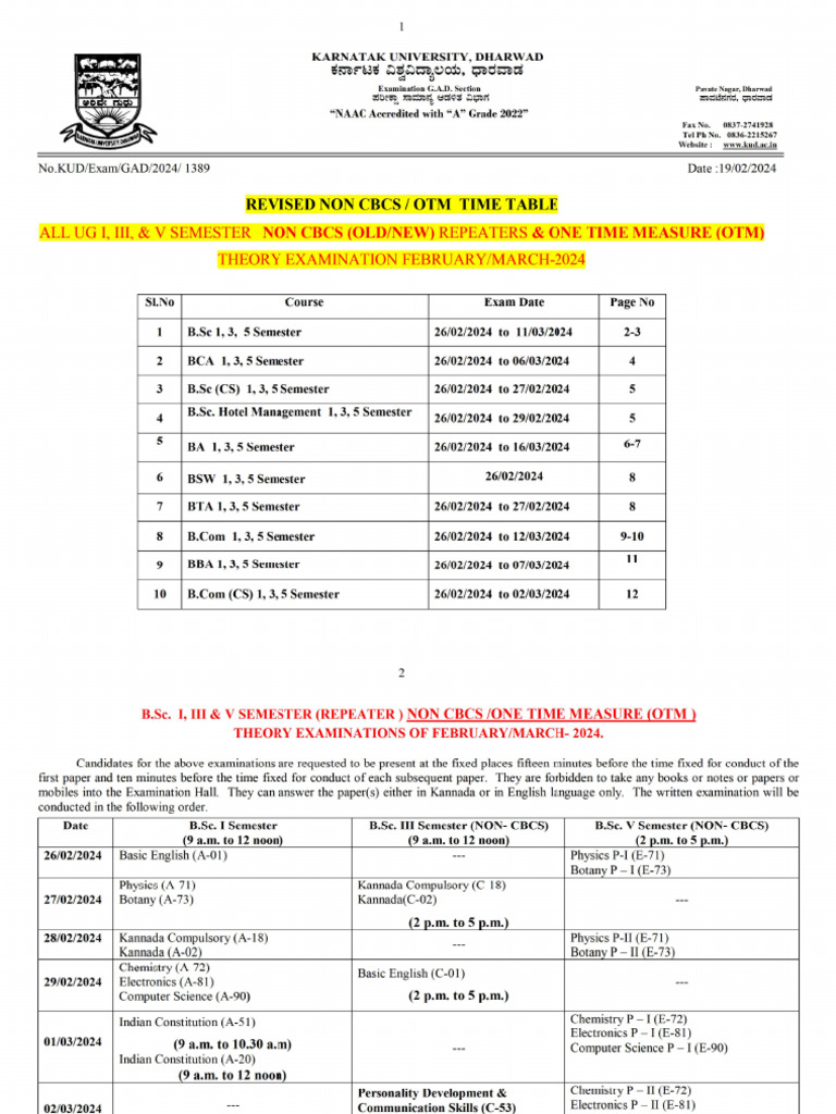 Revised All UG 1, 3 & 5 Semester NON-CBCS & OTM Time Table February-March 2024 | PDF