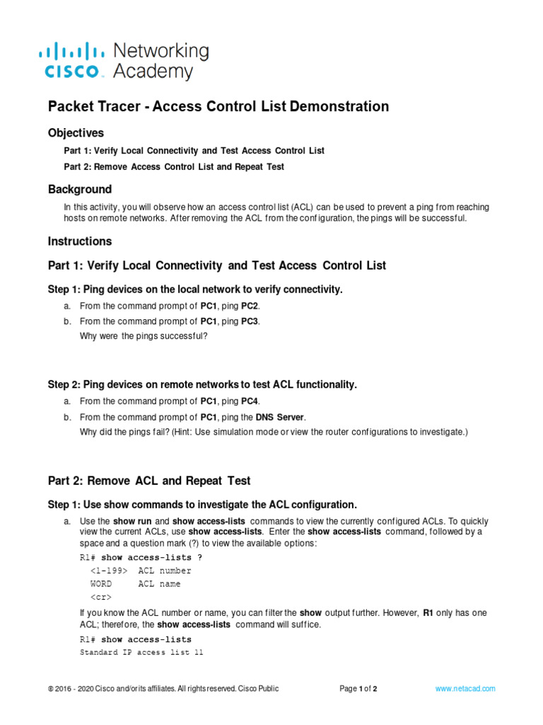 Packet Tracer ACL Demonstration Guide | PDF | Internet Protocols | Router (Computing)
