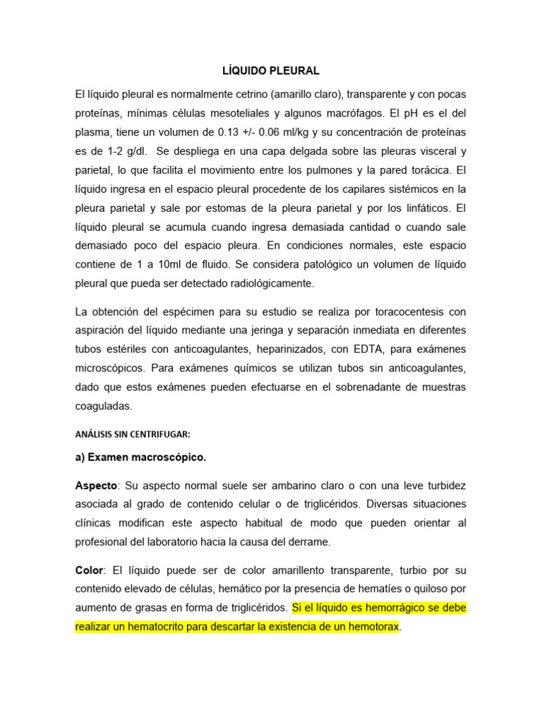 Análisis del Líquido Pleural: Características y Diagnóstico | PDF ...