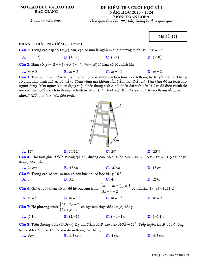 De Kiem Tra Cuoi Hoc Ki 1 Toan 9 Nam 2023 2024 So Gddt Bac Giang | PDF