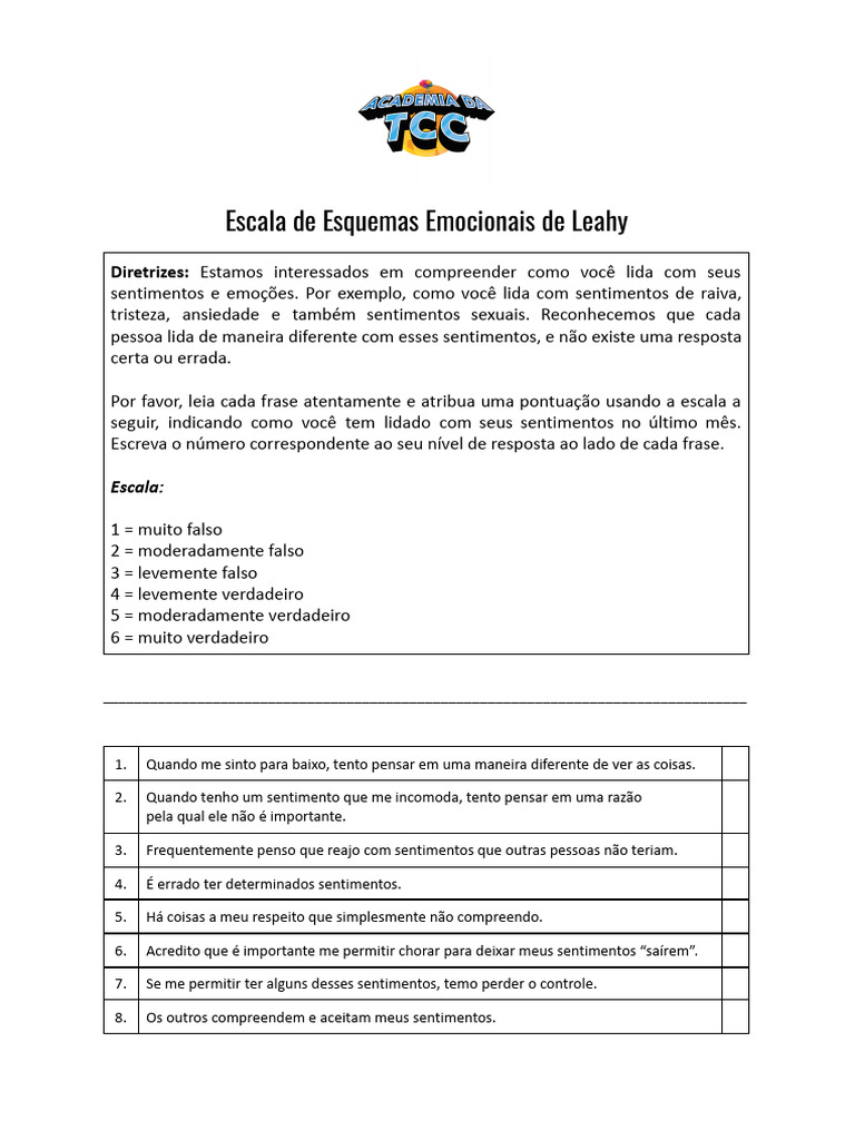 Escala de Esquemas Emocionais de Leahy | PDF | Sentimento | Emoções