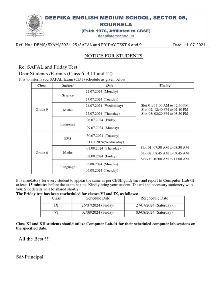 Notice for Students Class-06!09!11 and 12 SAFAL and Friday Test-2024 | PDF
