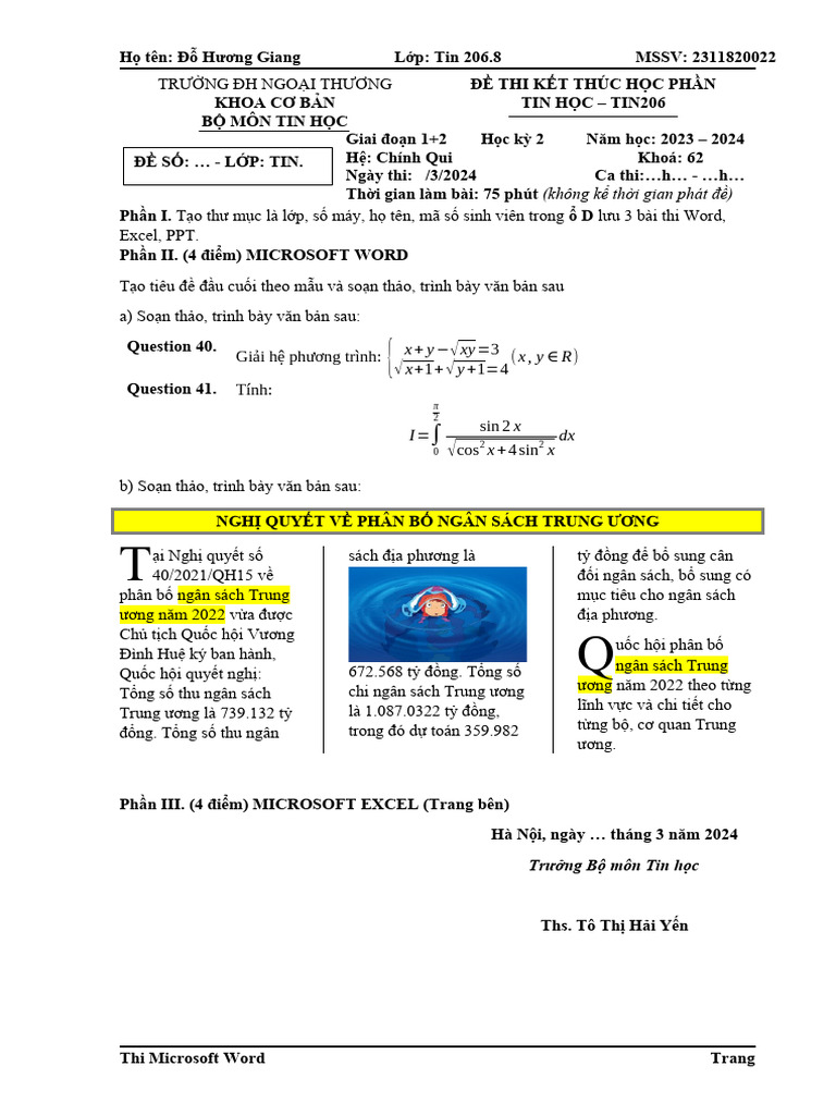 Luyện tập Tin học đại cương FTU | PDF