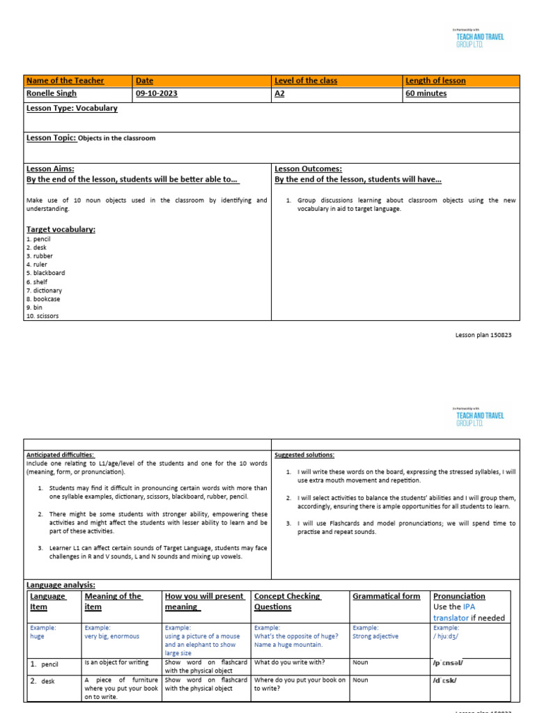 Assignment 1 - Fundamental Basics-Lesson Plan | PDF | Second Language ...