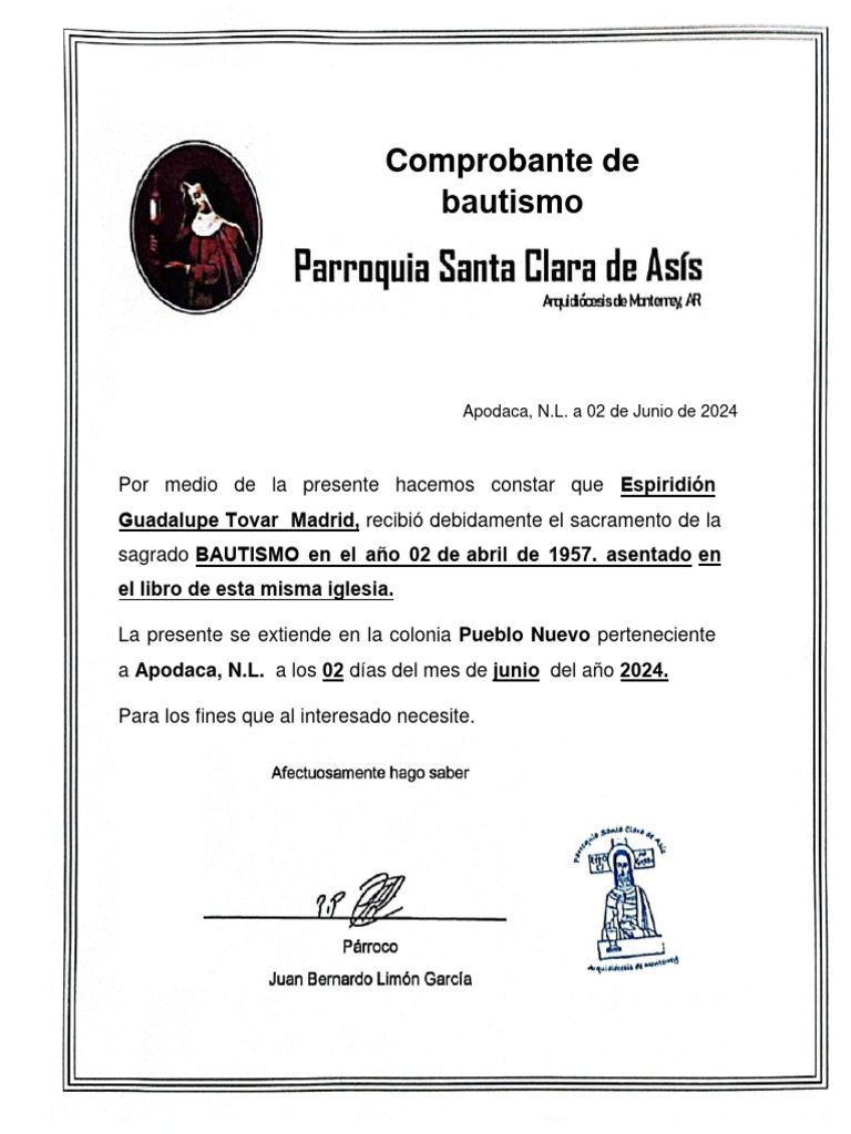 Comprobante de Bautismo Espiridión Tovar | PDF
