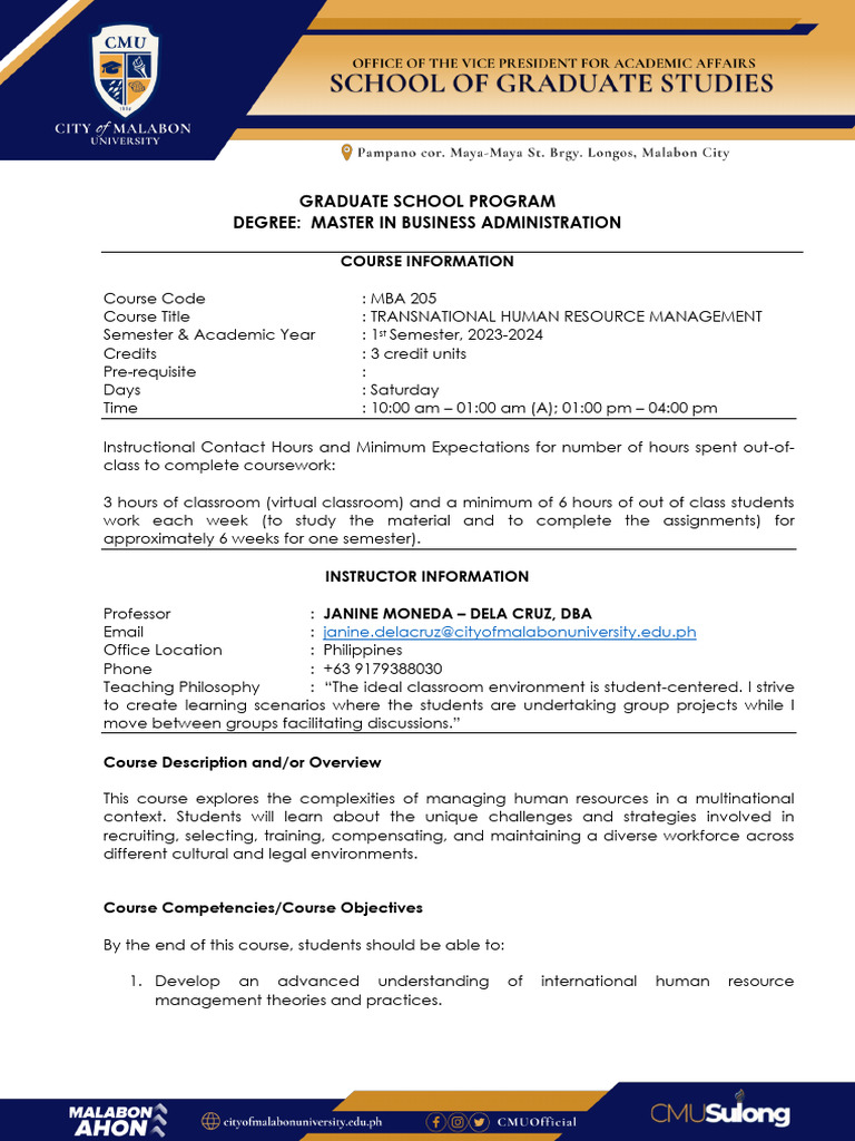 MBA - TRANSNATIONAL HRM - B Syllabus | PDF | Human Resource Management ...