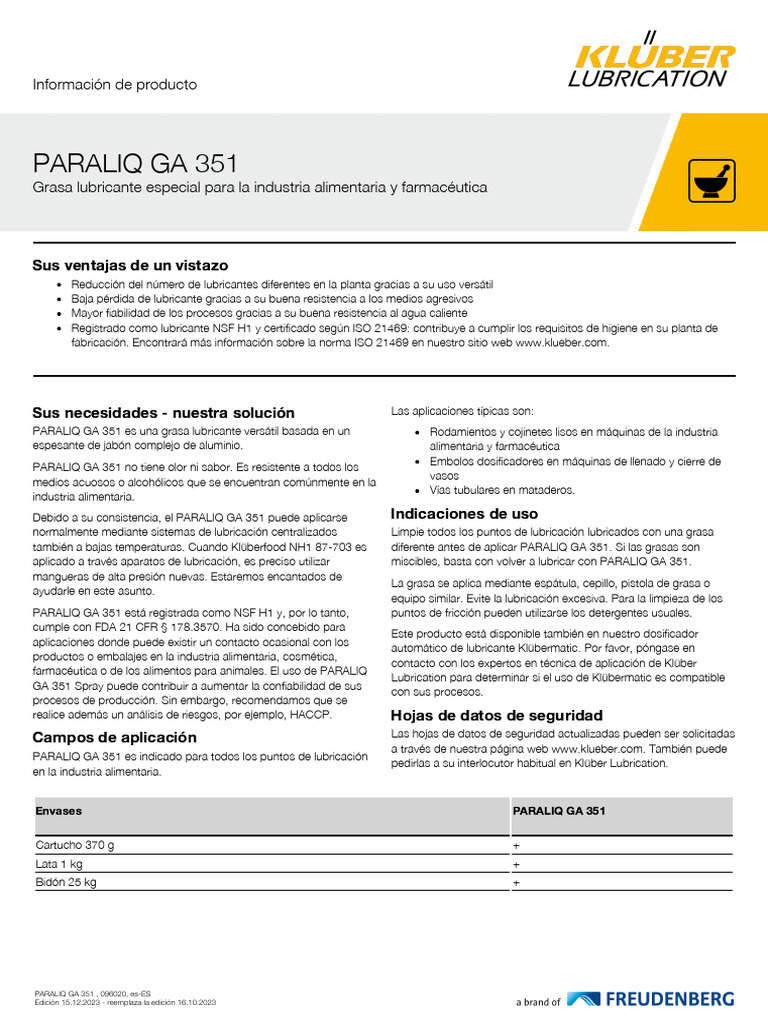 PARALIQ GA 351 096020 PI ES Es | PDF | Rodamiento (Mecánico) | Lubricante