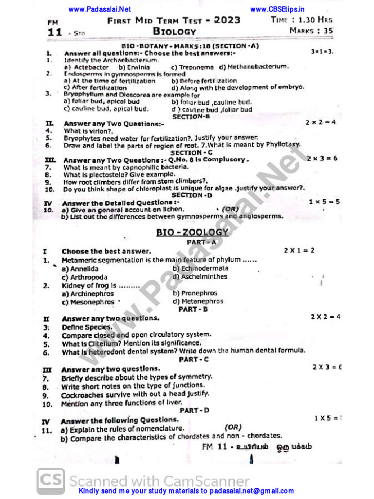 11th Biology EM 1st Mid Term Exam 2023 Original Question Paper English ...