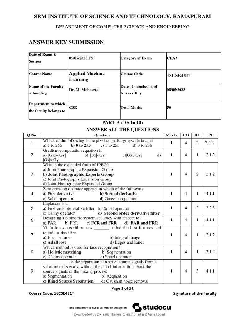 18CSE481T AML AIML CT3 Answer Key | PDF | Principal Component Analysis | Applied Mathematics