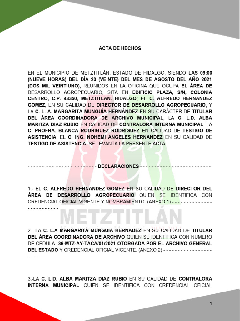 ACTA DE HECHOS 2.1 | Descargar gratis PDF | Gobierno