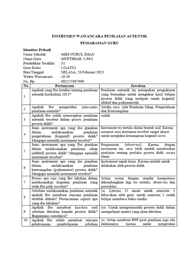 Wawancara Siswa Dan Guru Penilaian Autentik | PDF Wawancara Siswa Dan Guru Penilaian Autentik | PDF