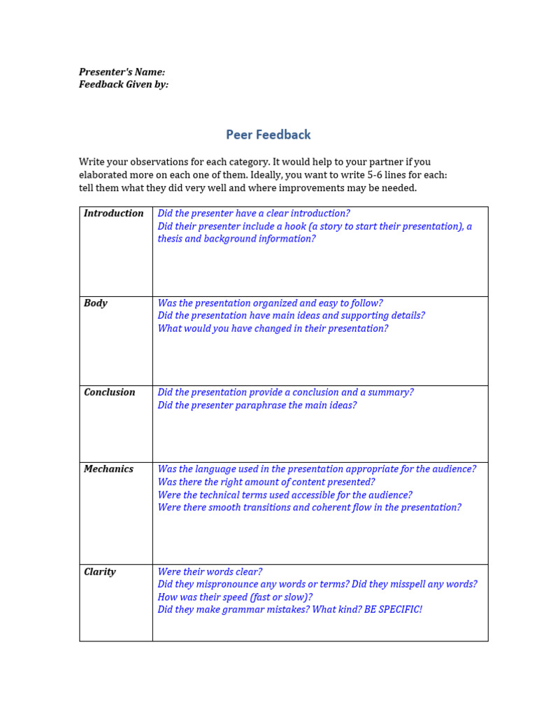 Peer Feedback Guide for Presentations | PDF | Career & Growth | Foreign ...