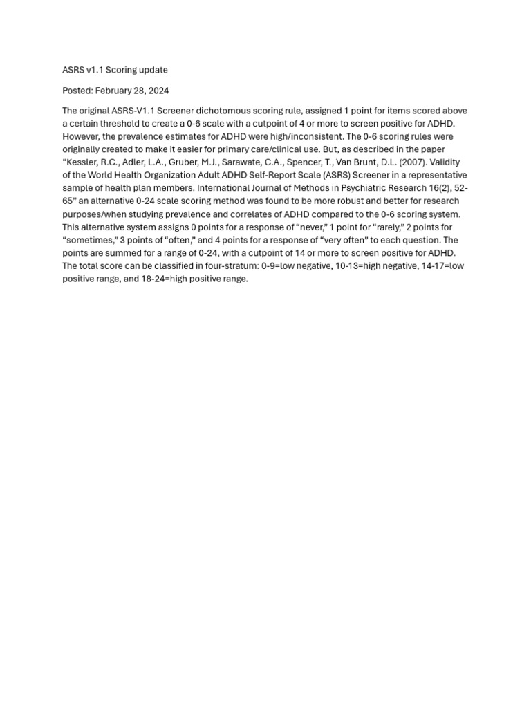 ASRS v1.1 ADHD Scoring Update | PDF | Self-Improvement | Wellness