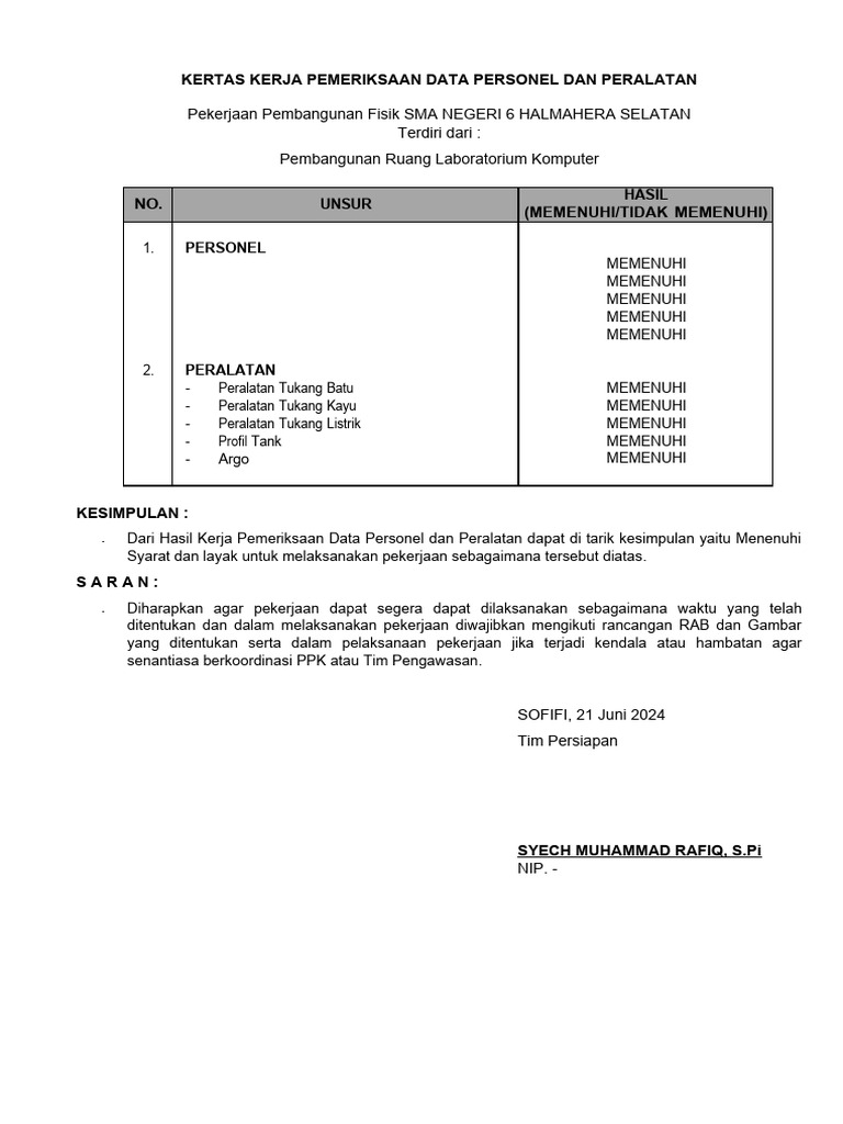 Kertas Kerja Pemeriksaan Data Personel Dan Peralatan | PDF