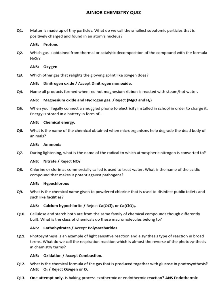 Junior Chemistry Quiz | PDF | Chemical Reactions | Chemical Compounds