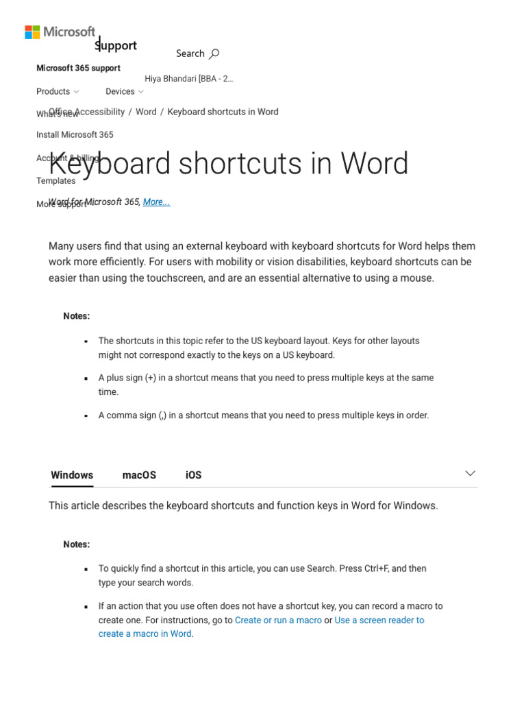 Keyboard Shortcuts in Word - Microsoft Support | PDF | Microsoft Word | Computer Keyboard