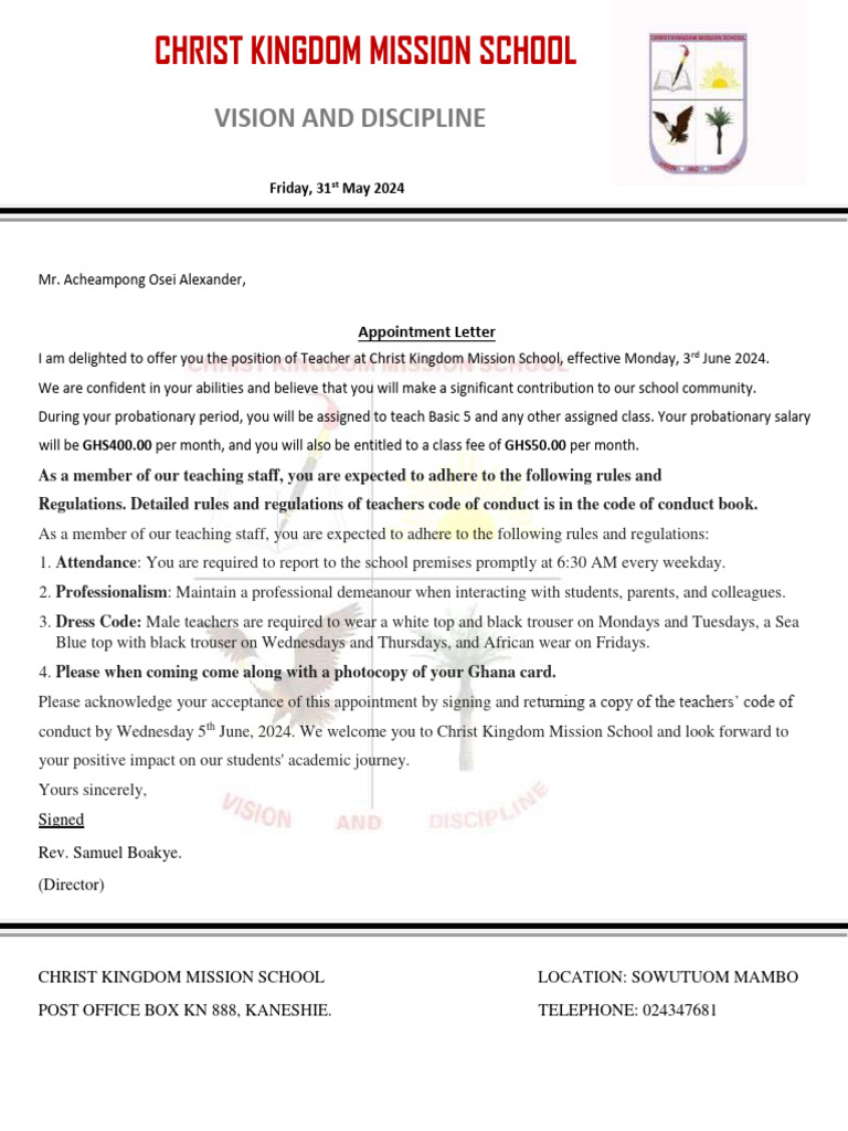 Mr. Acheampong Osei Alexander Appointment Letter1 | PDF | Wellness
