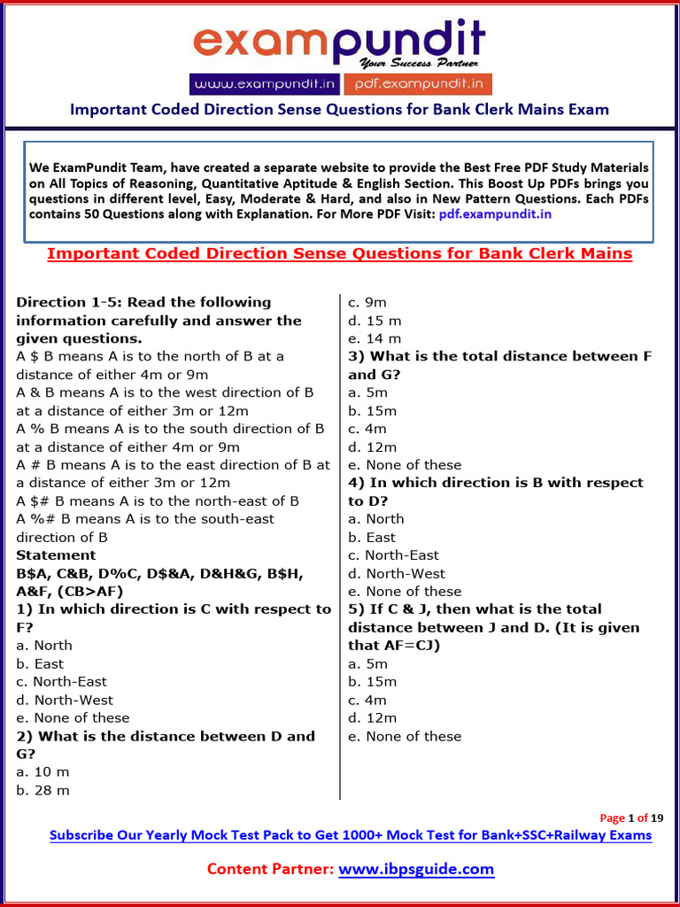 Coded Direction Sense Questions For Bank Competitive Exams | PDF ...
