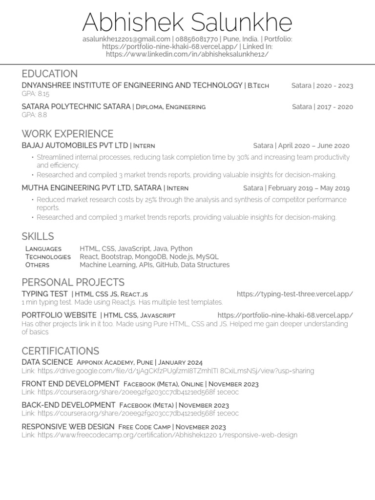 Resume Abhishek Hanmant Salunkhe 3 | PDF | Business | Computers