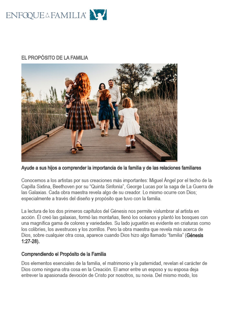 El Propósito De La Familia Enfoque A La Familia Pdf Amor Dios