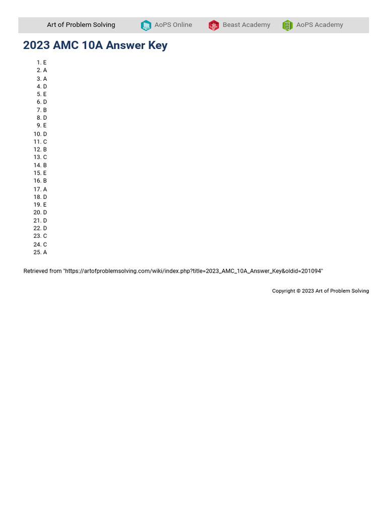 2023 AMC 10A Answer Key: Art of Problem Solving | PDF