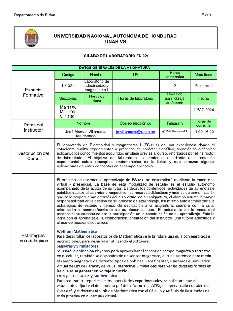 Silabo de Laboratorio Fs321 II Pac24 | PDF | Laboratorios | Aprendizaje