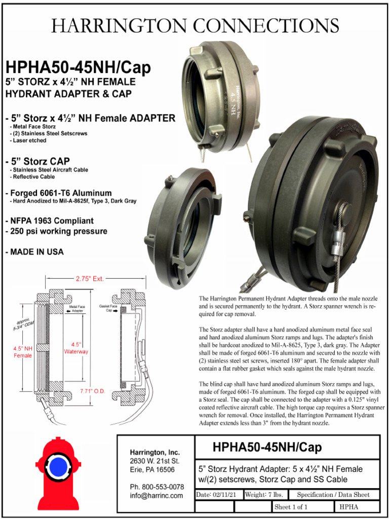 Harrington Storz Hydrant Adapter HPHA5045NHcap2021 | PDF
