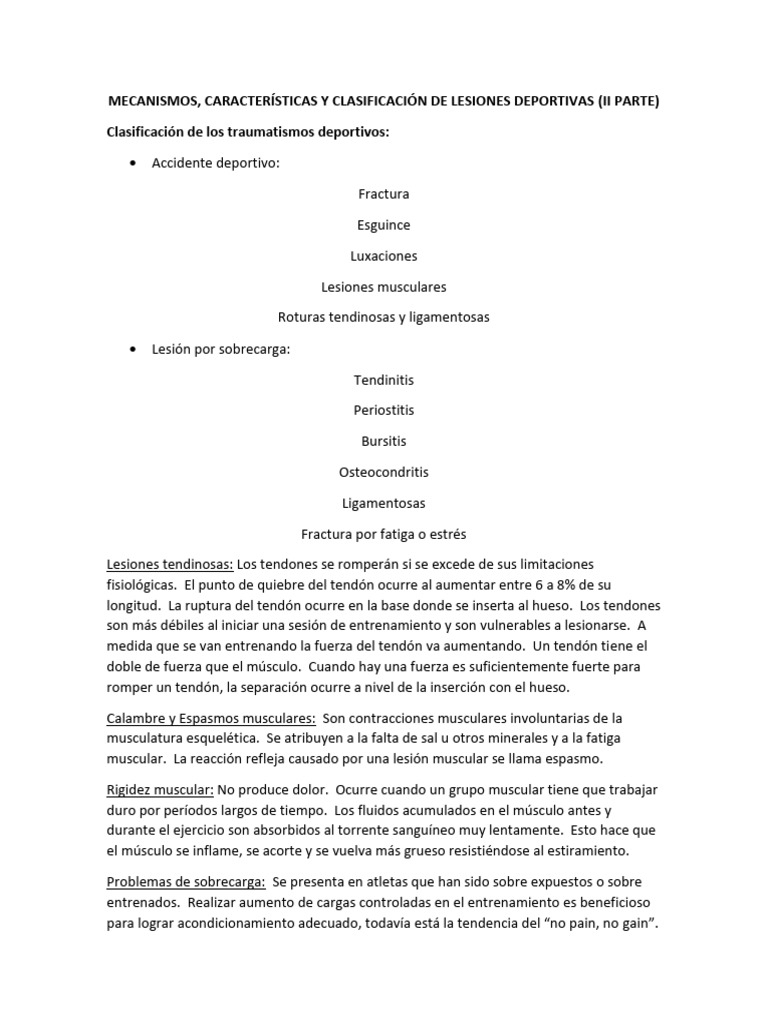MECANISMOS, CARACTERÍSTICAS Y CLASIFICACIÓN DE LESIONES DEPORTIVAS (II PARTE | PDF | Tendón | Hueso