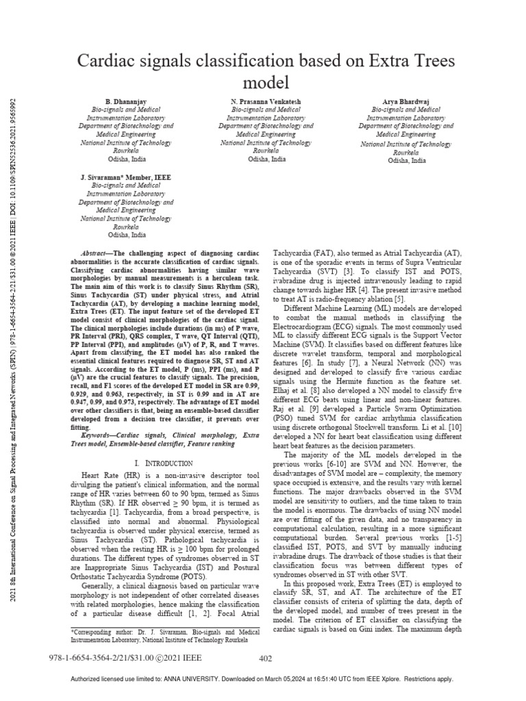 Cardiac Signals Classification Based On Extra Trees Model | PDF